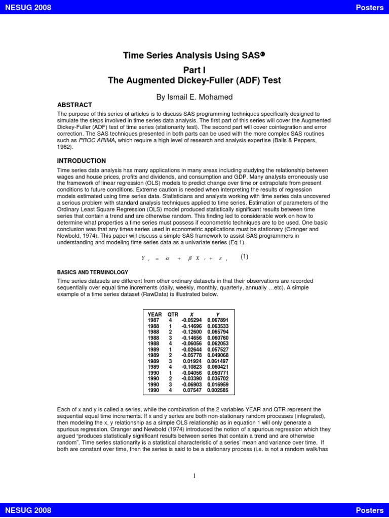 Time Series Analysis Using SAS The Augmented Dickey-Fuller (ADF) Test ...