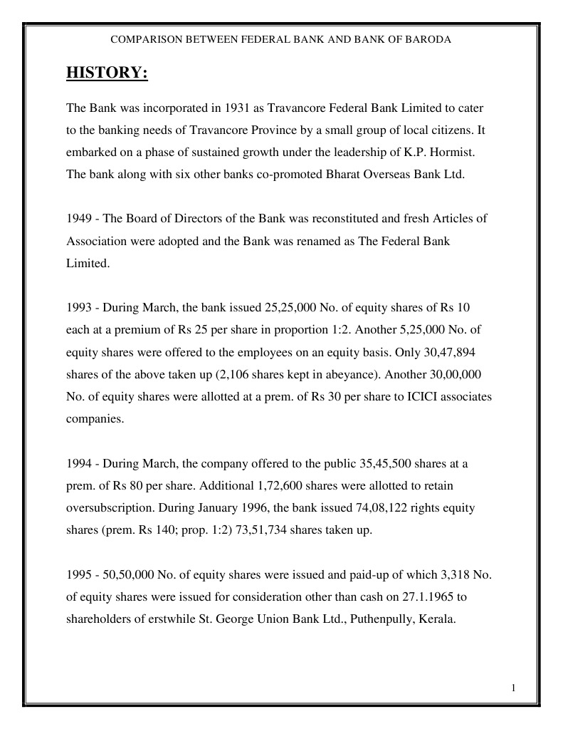 History:: Comparison Between Federal Bank and Bank of Baroda | PDF