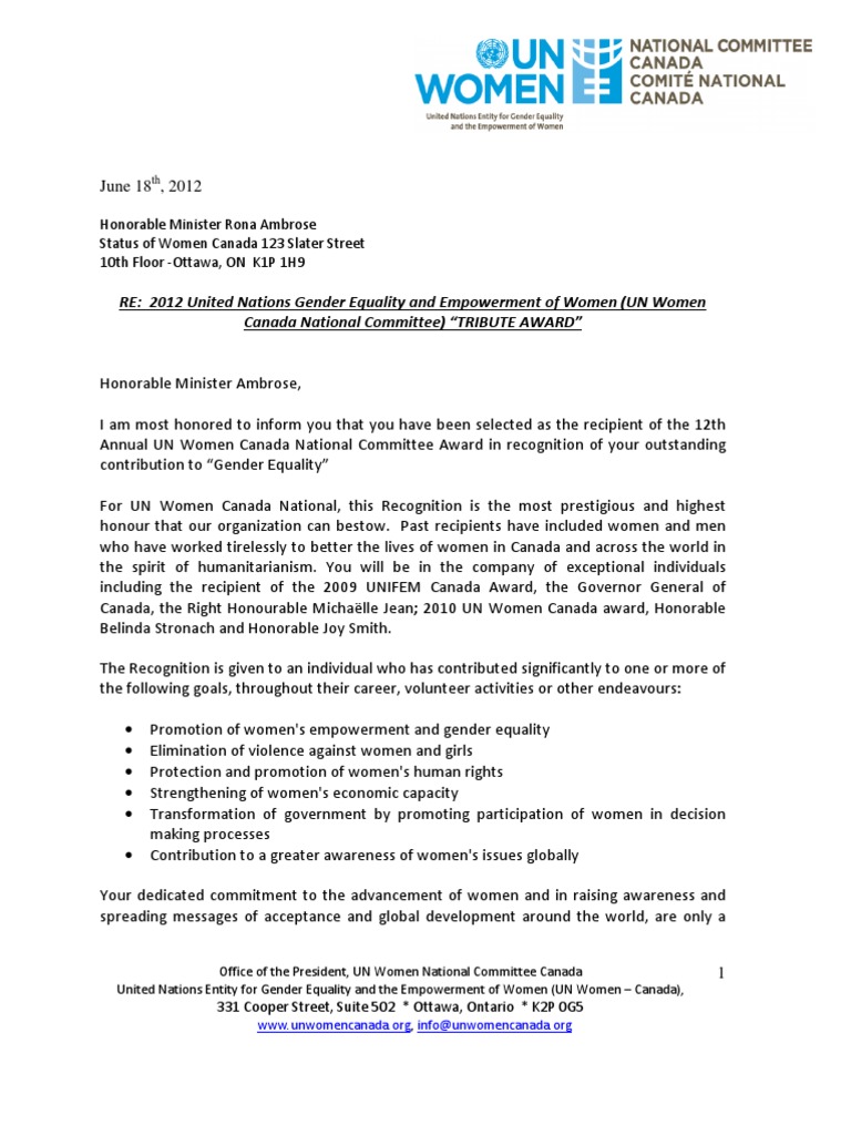 Letter From UN Women Canada To Minister Rona Ambrose | PDF | Gender ...