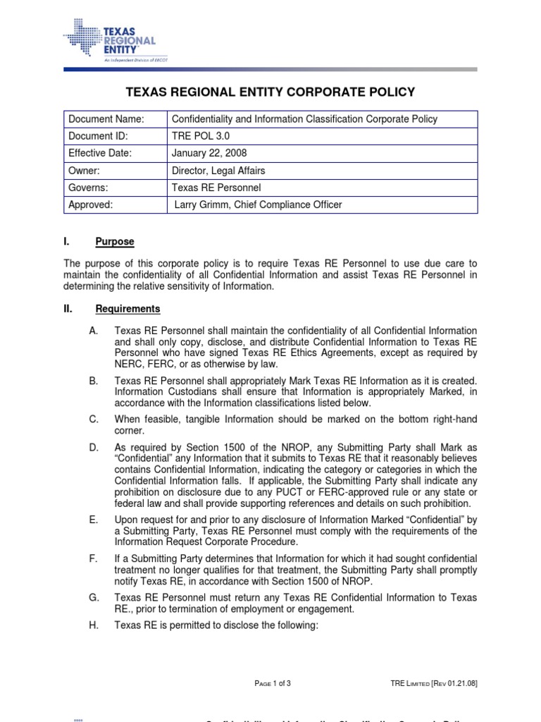 Texas RE Confidentiality Policy | PDF | Confidentiality | Discovery (Law)