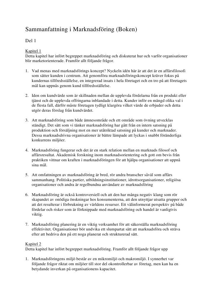 Sammanfattning I Marknadsföring (Boken) | PDF