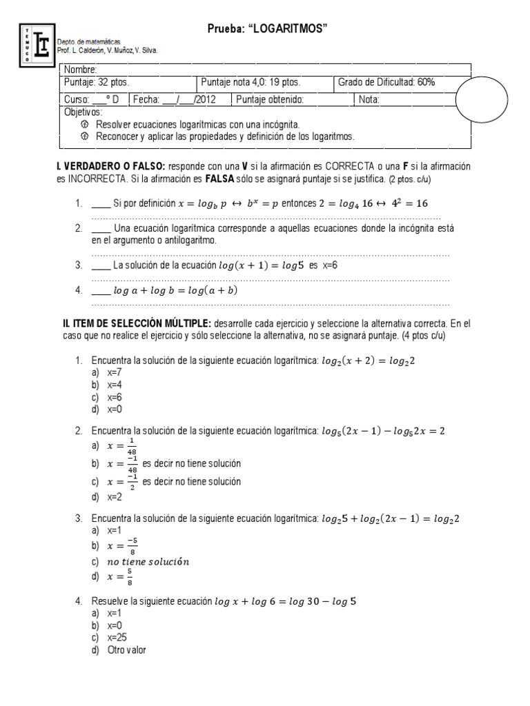 Prueba Logaritmos Segundo y Cuarto Medio Final | PDF | Logaritmo | Ecuaciones