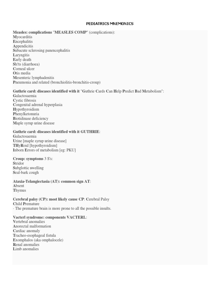 Pediatrics Mnemonics | PDF | Congenital Disorder | Cough
