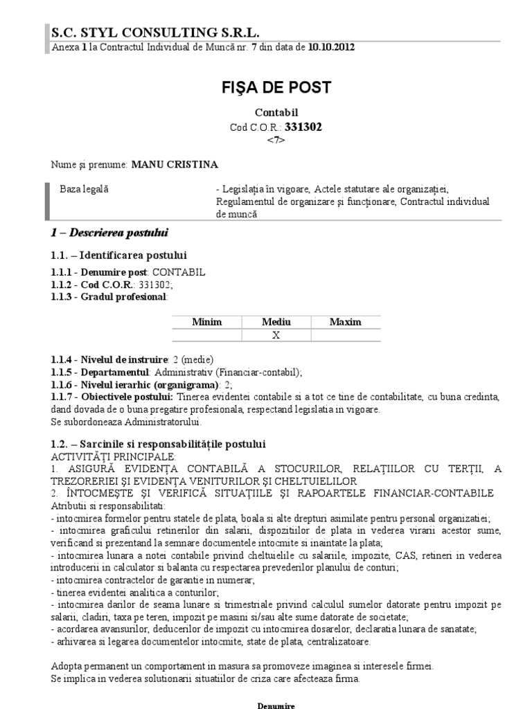 Fisa de Post Contabil CRISTINA