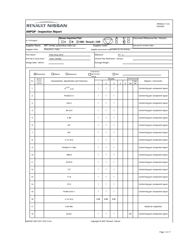 Layout Inspection Report XH5DR June 20 2012 | PDF | Renault | Nissan