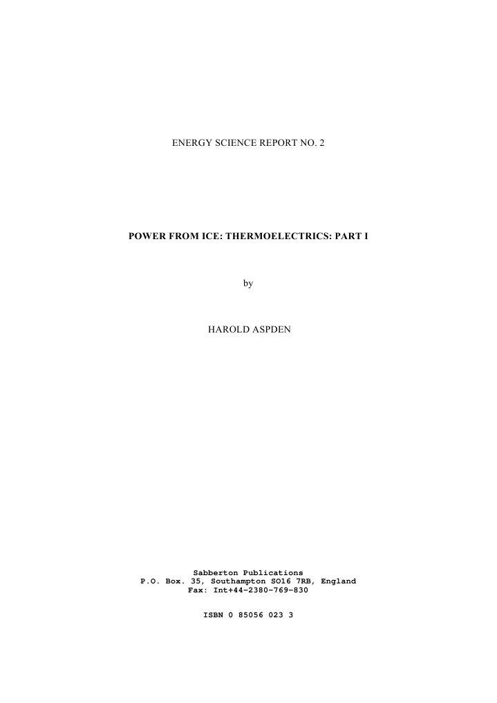 Aspden - Power From Ice - Thermoelectrics Part 1 (1994) | PDF ...