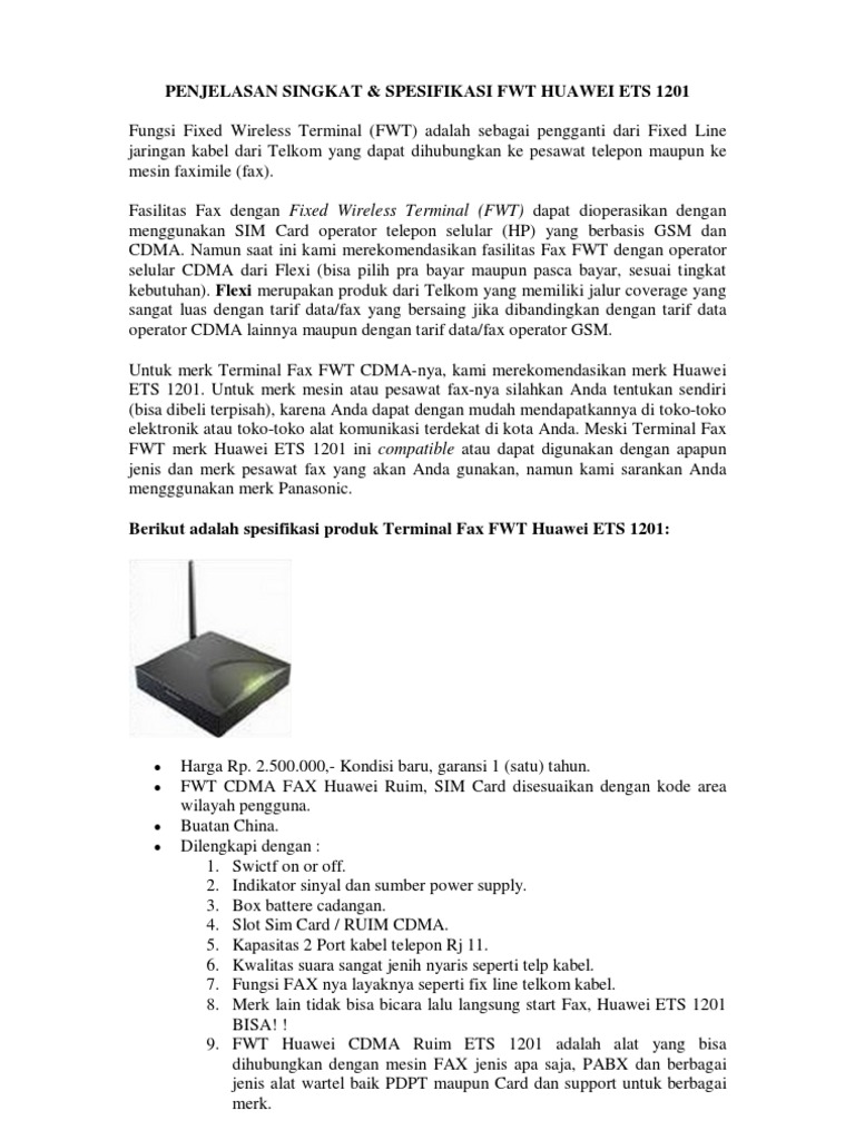 Huawei ETS 1201: Solusi FWT CDMA | PDF | Bisnis | Komputer