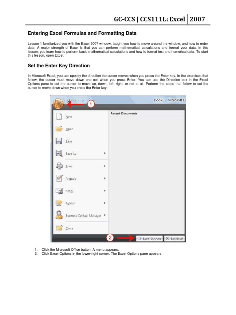 GC-CCS - CCS111L: Excel 2007: Entering Excel Formulas and Formatting Data | PDF | Typefaces ...