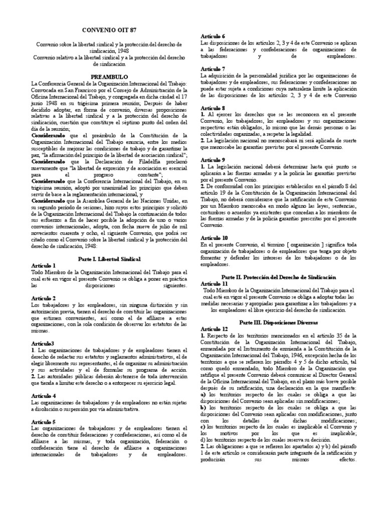 Convenio Oit 87 y 98 | PDF | Organización Internacional del Trabajo | Sindicato