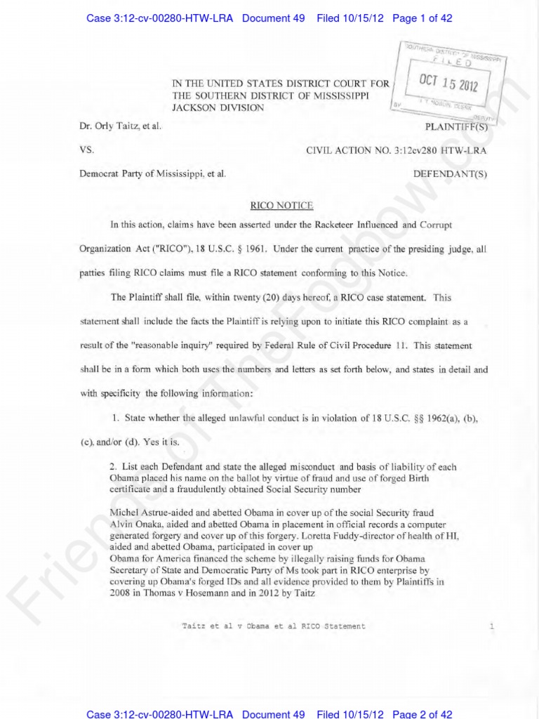 SDMS - TVMSDPM - ECF 49 - 2012-10-15 - Taitz RICO Statement | PDF ...