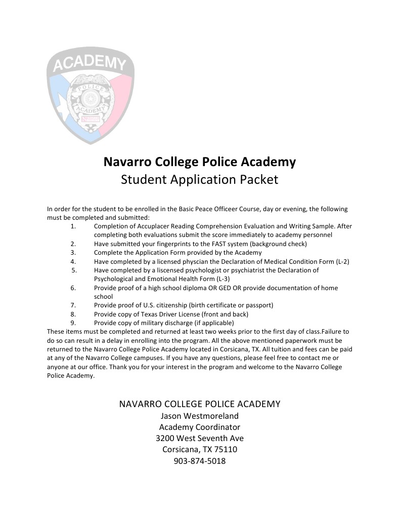 Navarro College Police Academy Student Application Packet