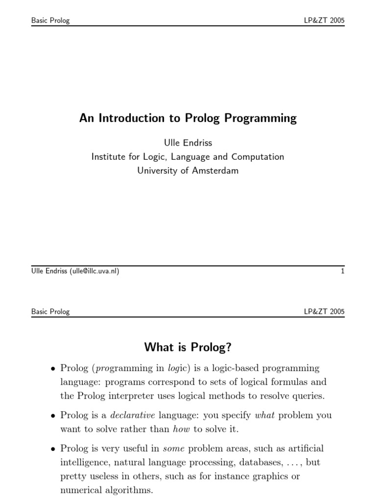 An Introduction To Prolog Programming: Ulle Endriss Institute For Logic, Language and ...