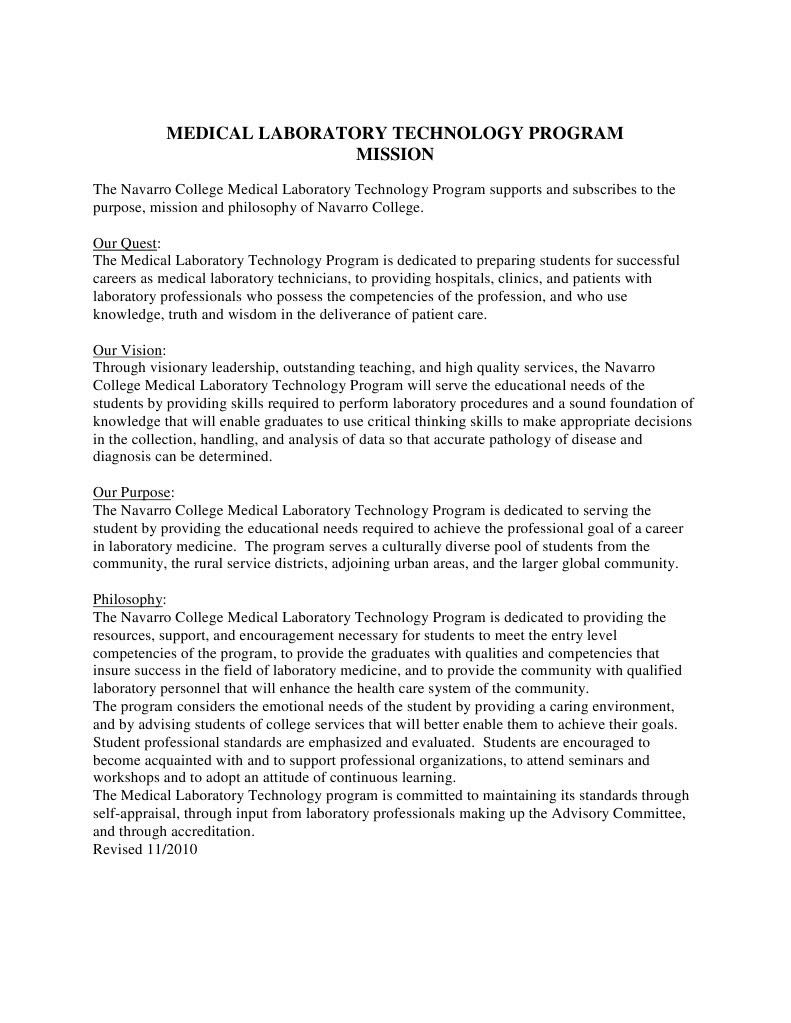 Navarro College Medical Laboratory Technology Mission Statement ...
