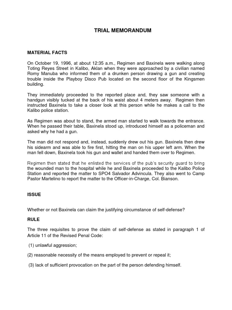 Trial Memorandum - Self-Defense | Assault | Self Defense