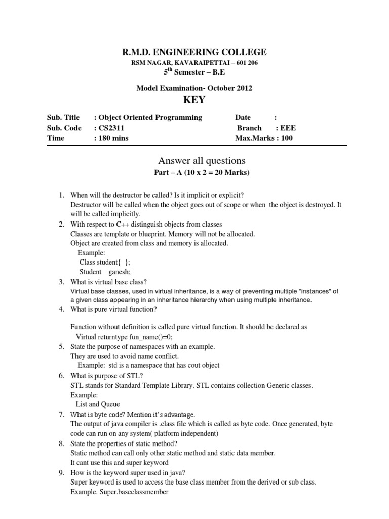 Cs2311 Oops Model Exam QP-KEY (EEE) | PDF | Class (Computer Programming) | C++