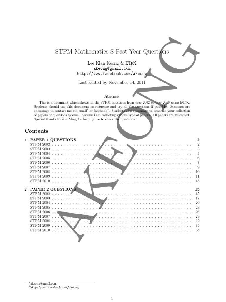 STPM MATHEMATICS S Past Year Questions by AKeong | PDF | Mean ...