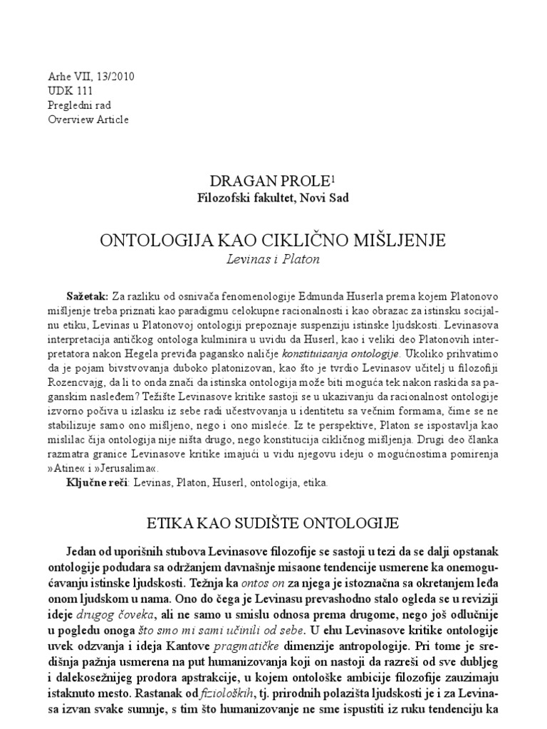 Ontologija Kao Ciklicno Misljenje Levinas I Platon - Prole Dragan | PDF