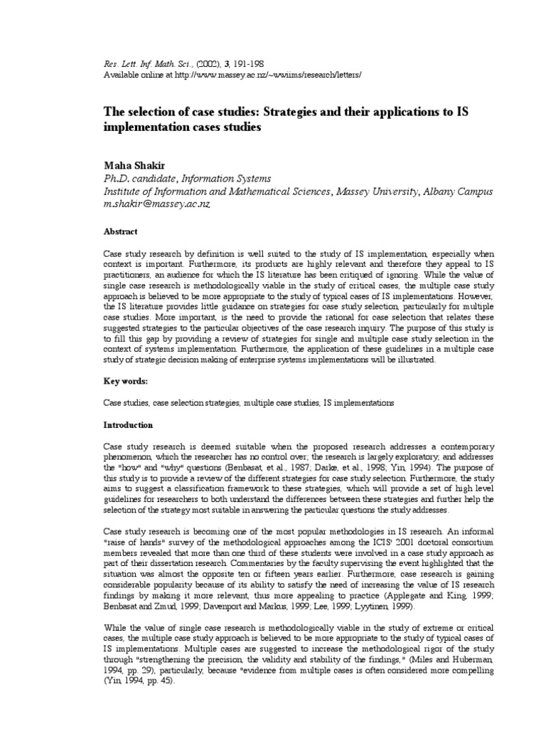 The Selection of Case Studies-Strategies and Their Applications To Is ...