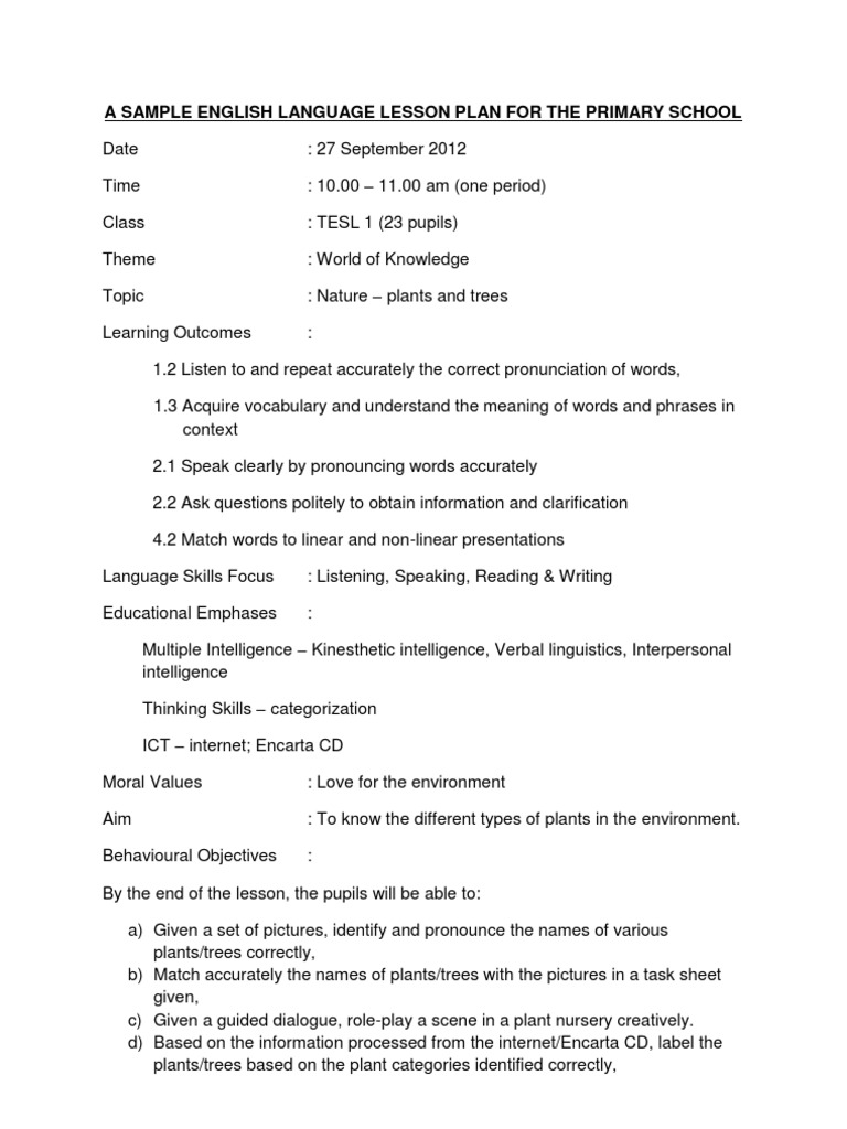 A Sample English Language Lesson Plan For The Primary School | PDF ...