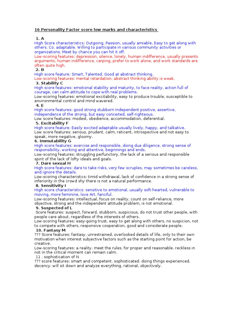 16 Personality Factor Score Low Marks and Characteristics | PDF ...