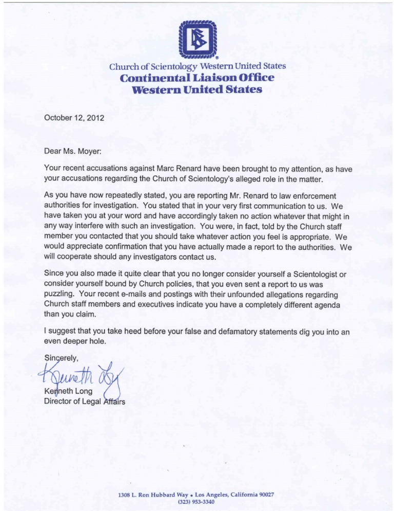 Letter From Church of Scientology OSA Ken Long | PDF