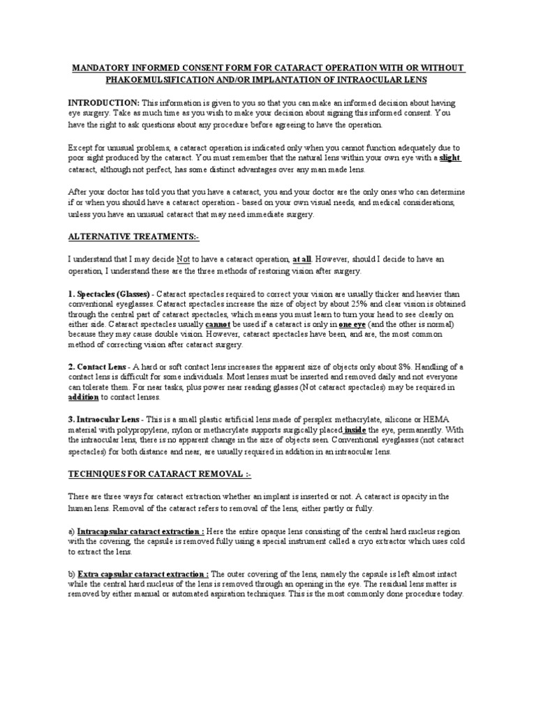 Cataract Consent Form | PDF | Cataract | Glasses