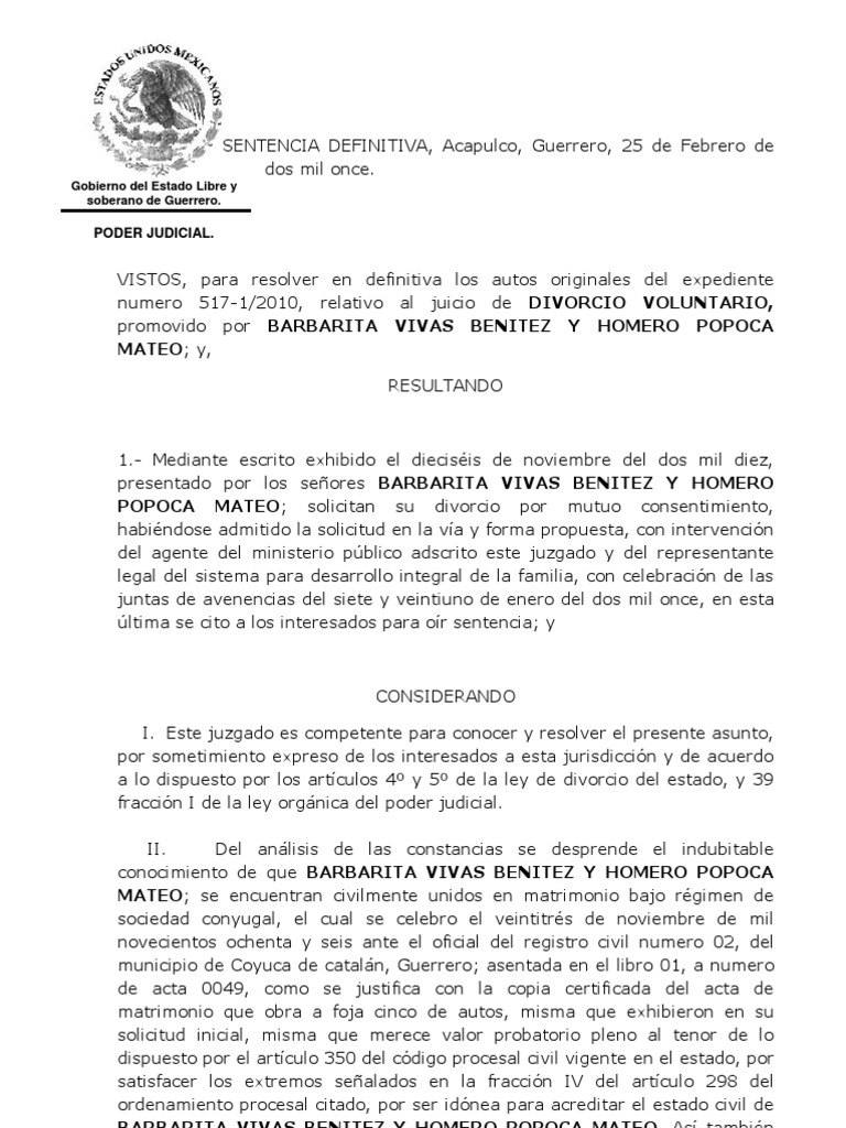 SENTENCIA DEFINITIVA | Divorcio | Matrimonio