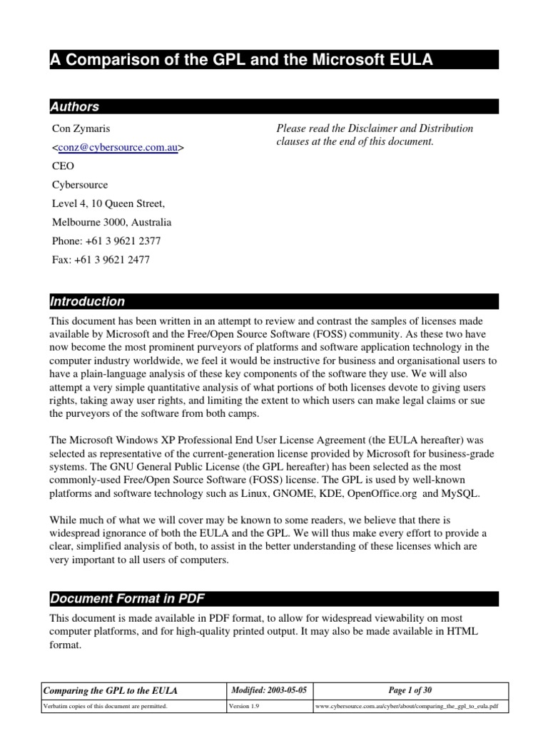 Comparing GPL and MS EULA | PDF