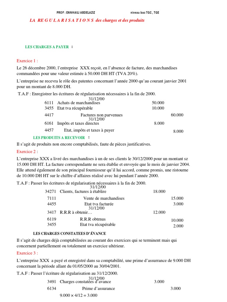 Exercice Corrigé '' Régularisation Des Charges Et Pdts | PDF | Taxe sur la valeur ajoutée | Facture