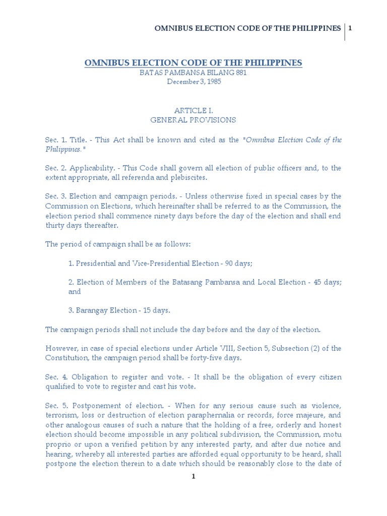 Omnibus Election Code of The Philippines | PDF | Government | Public Sphere