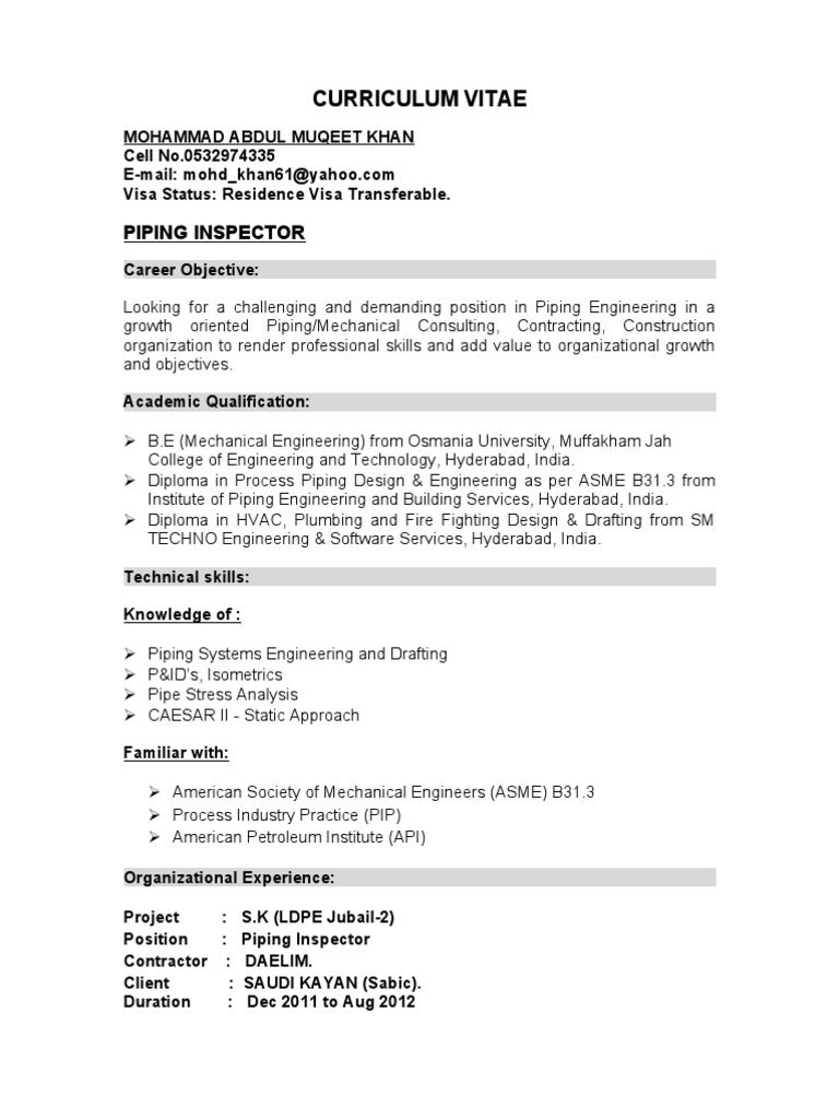 QC Piping Inspector CV-Muqeet | PDF | Pipe (Fluid Conveyance) | Duct (Flow)