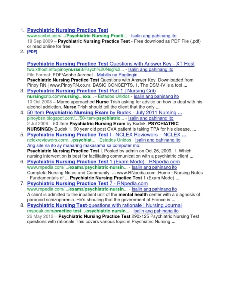 Psychiatric Nursing Practice Test | PDF | Psychiatric And Mental Health ...