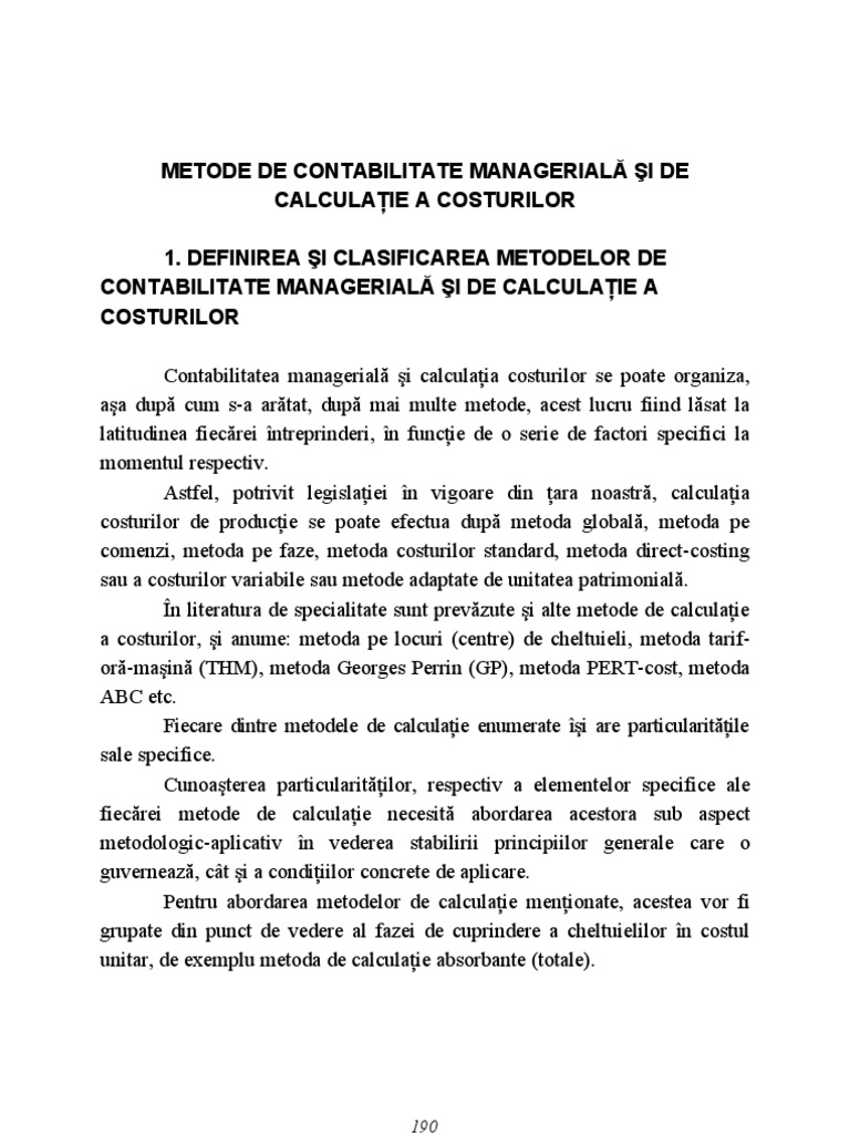 Metode de Contabilitate Manageriala Si de Calculatie A Costurilor | PDF