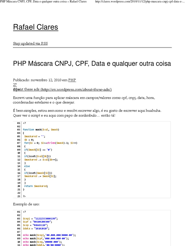 PHP Máscara CNPJ, CPF, Data e Qualquer Outra Coisa Rafael Clares | PDF | Script Java | Rede ...