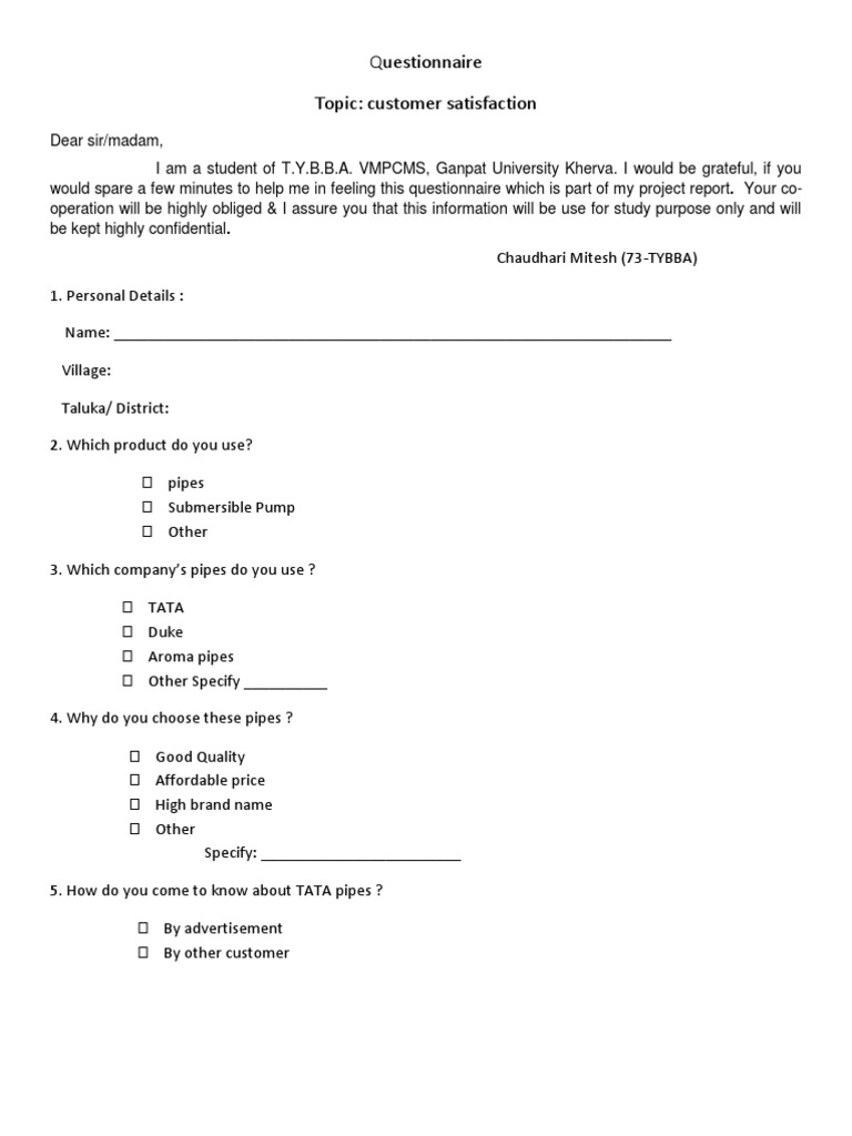 Customer Satisfaction Questionnaire | PDF