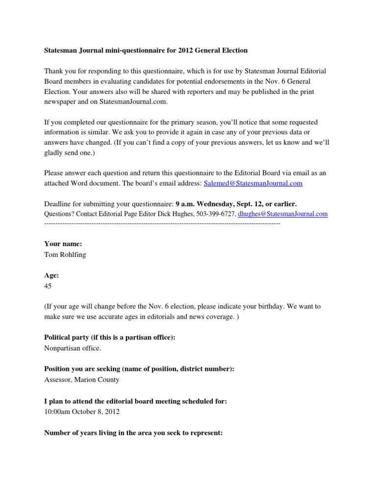 Tom Rohlfing Questionnaire | PDF | Real Estate Appraisal | Employment