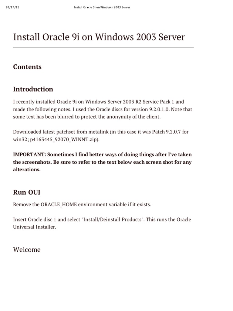 Install Oracle 9i On Windows 2003 Server | PDF | Windows Server 2003 | Oracle Database