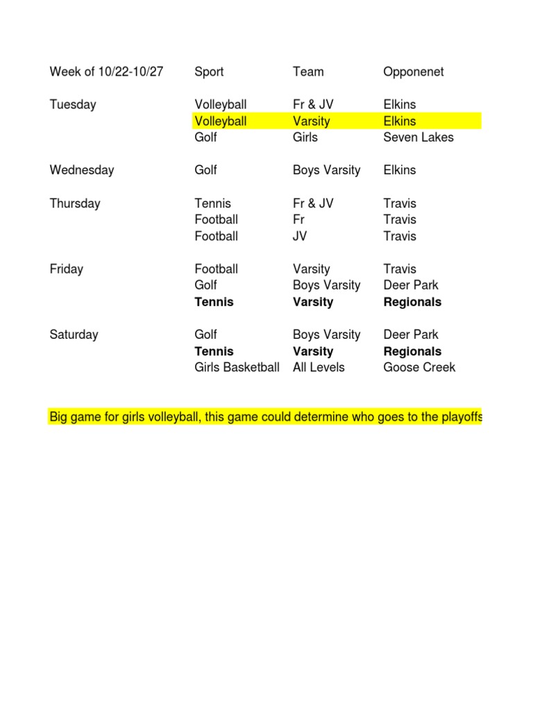 Weekly Sports Schedule: 10/22-10/27 | PDF