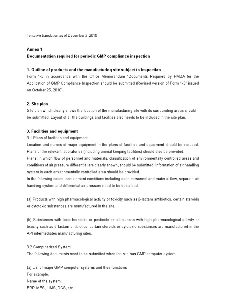 Documentation Required For Periodic Gmp Compliance Inspection Annex 1 Jp Pdf Verification