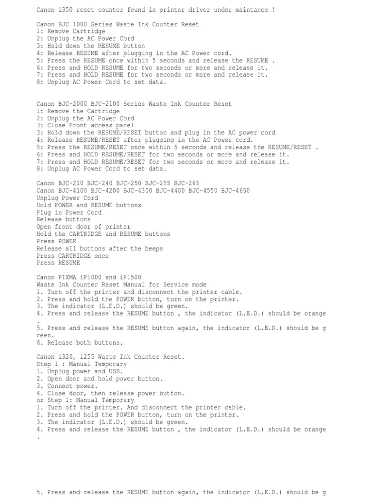 Canon Printer Reset Codes | PDF | Printer (Computing) | Equipment