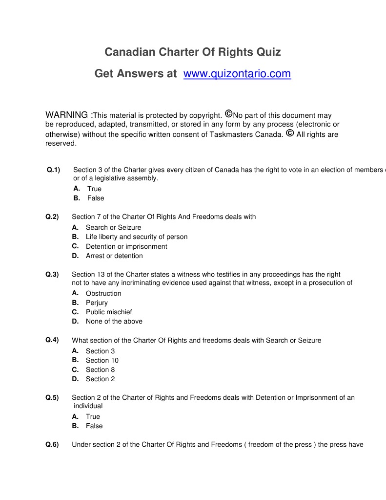 Canadian Charter of Rights and Freedoms Quiz | PDF | Arrest | Search ...