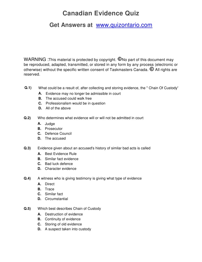 Ontario Evidence Law Quiz | PDF | Evidence | Circumstantial Evidence