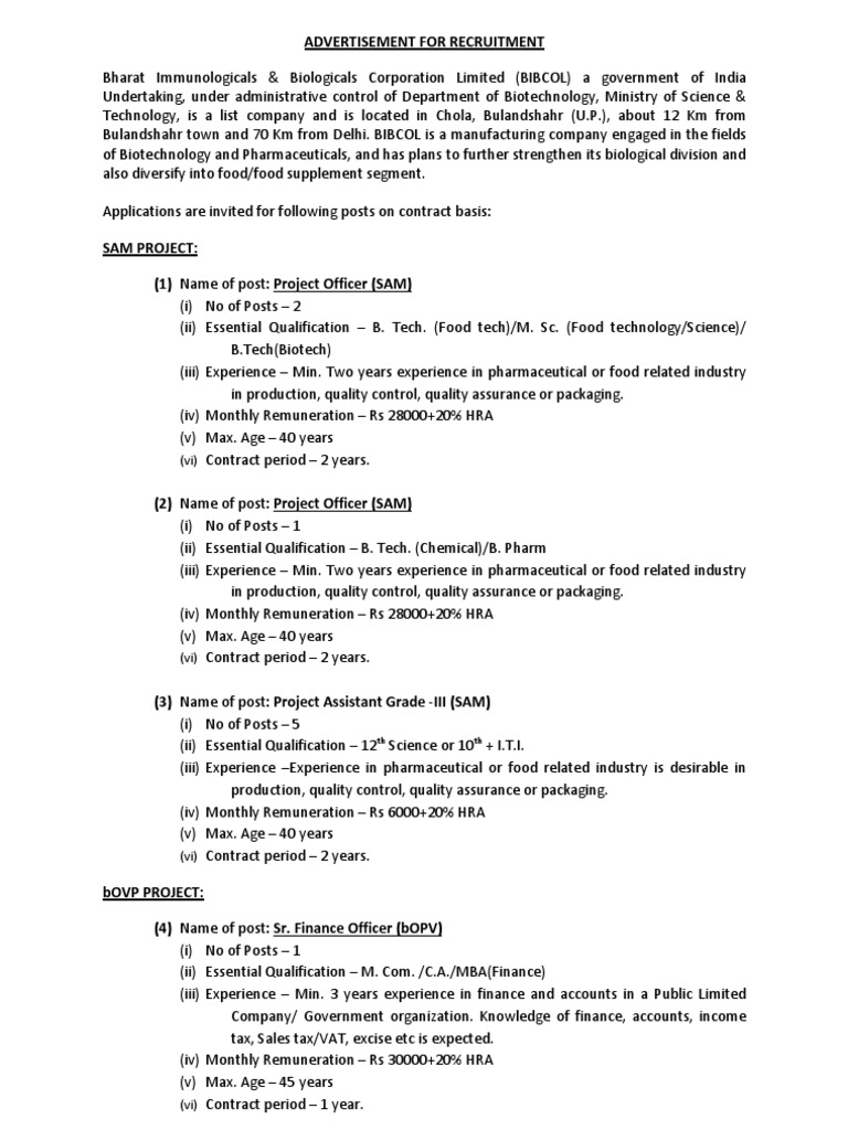 BIBCOL Recruitment: Contract Jobs Available | PDF | Biotechnology | Résumé