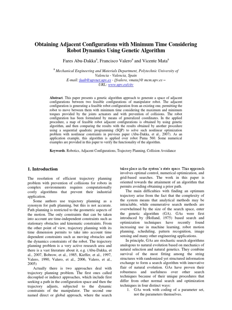 Obtaining Adjacent Configurations With Minimum Time Considering Robot Dynamics Using Genetic ...