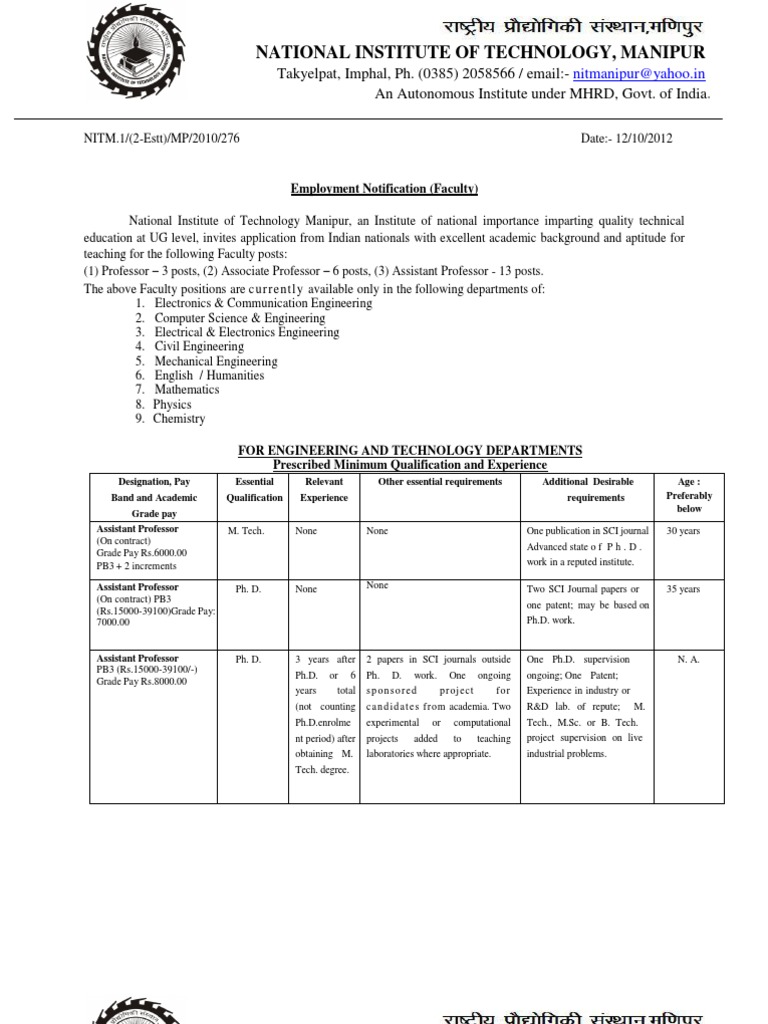Nit Manipur Faculty | PDF | Doctor Of Philosophy | Engineering