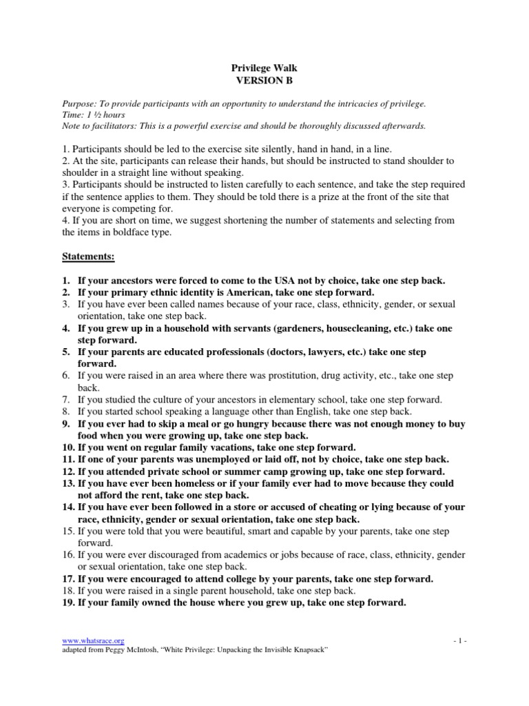 Privilege Walk - Long | PDF | Gender | Gender Studies