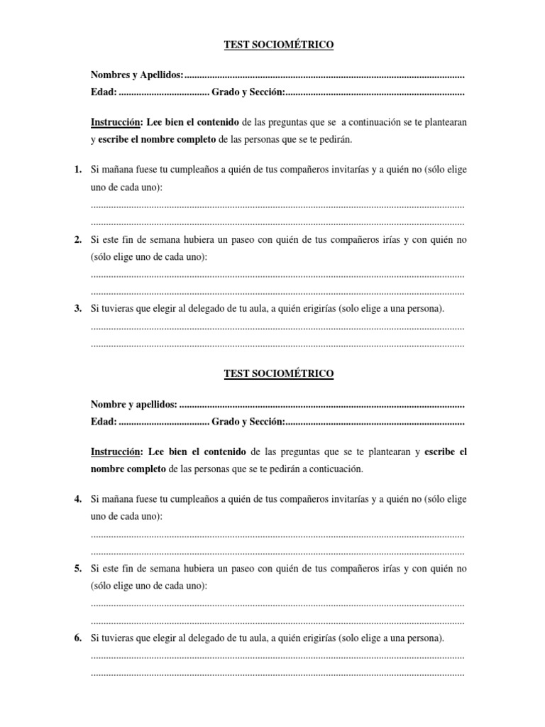 Test Sociométrico para Aula Escolar | PDF | Crecimiento personal y ...
