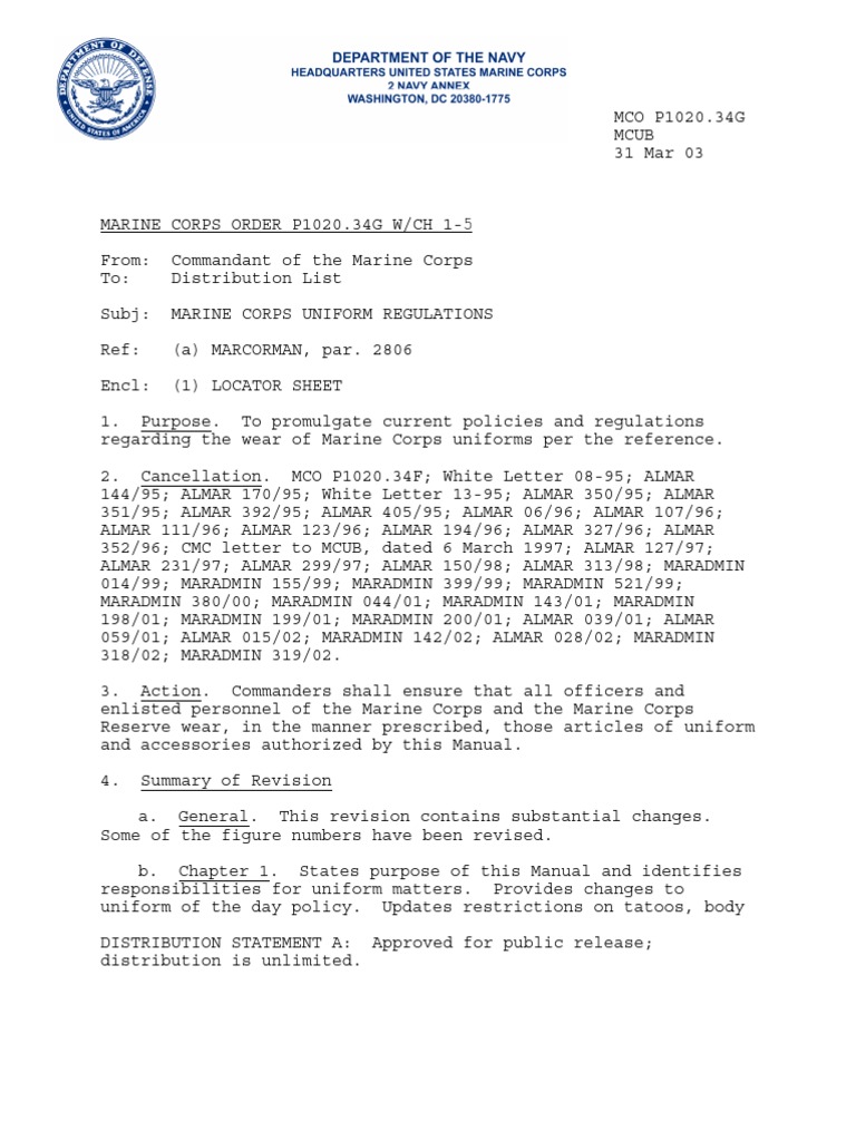 Mco p1020.34g Marine Corps Uniform Regulations | PDF | Military Of The ...