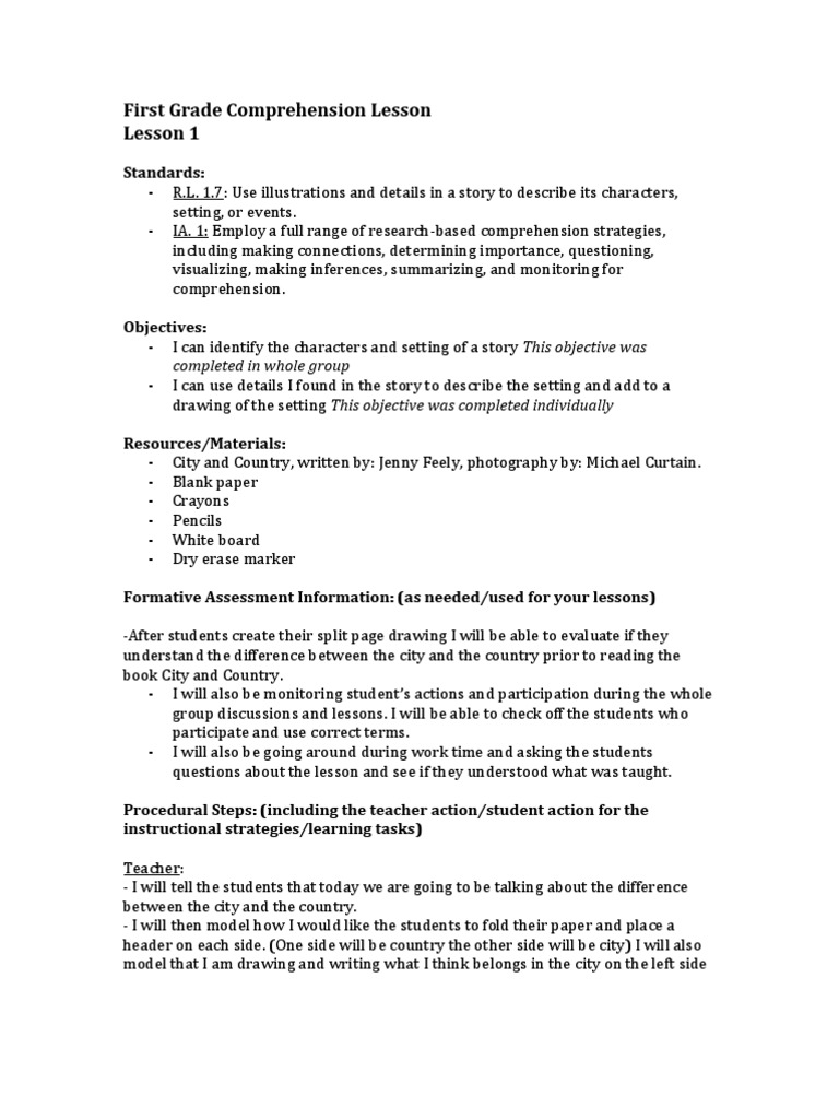 First Grade Comprehension Lesson Lesson 1: Completed in Whole Group ...