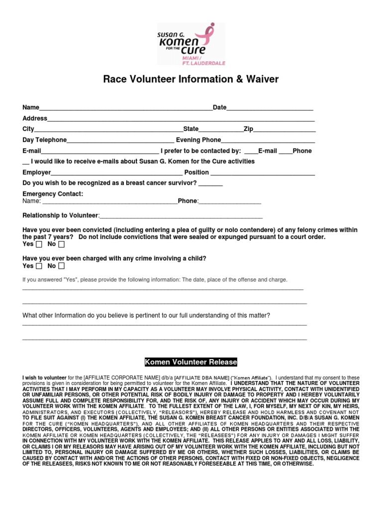 Race Volunteer Information Waiver | PDF